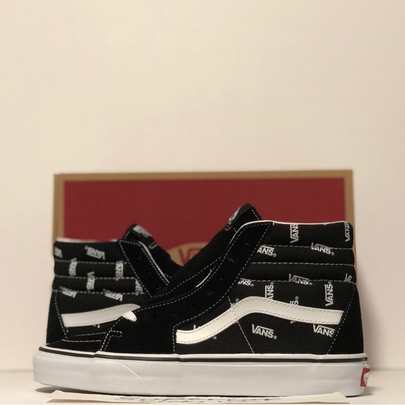 Vans | Shoes | Vans Sk8hi Vans All Over Logo Blacktrue White | Poshmark